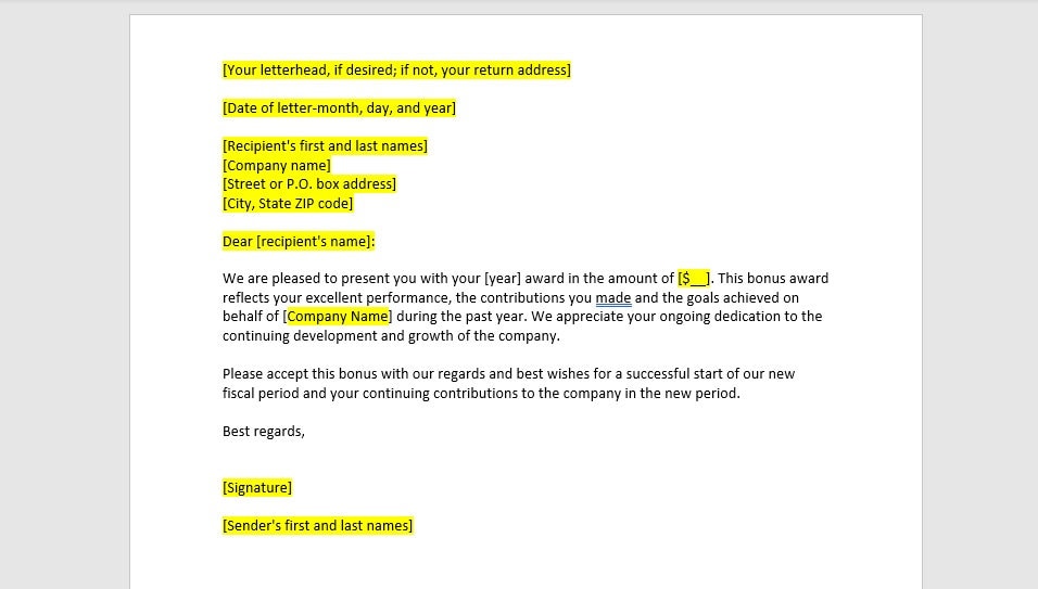 Employee Bonus Award Letter Template, Employee Bonus Award Letter ...