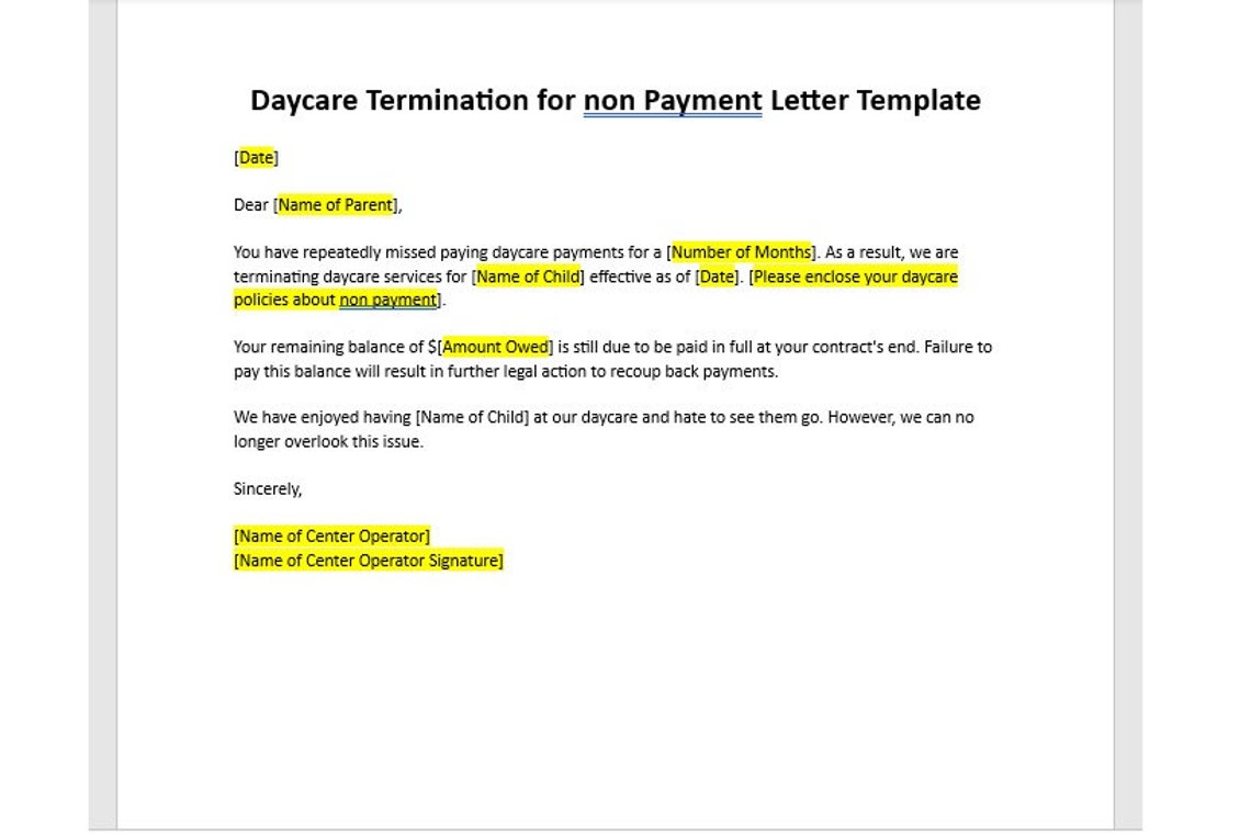 Daycare Termination for Non Payment Letter Template, Daycare ...
