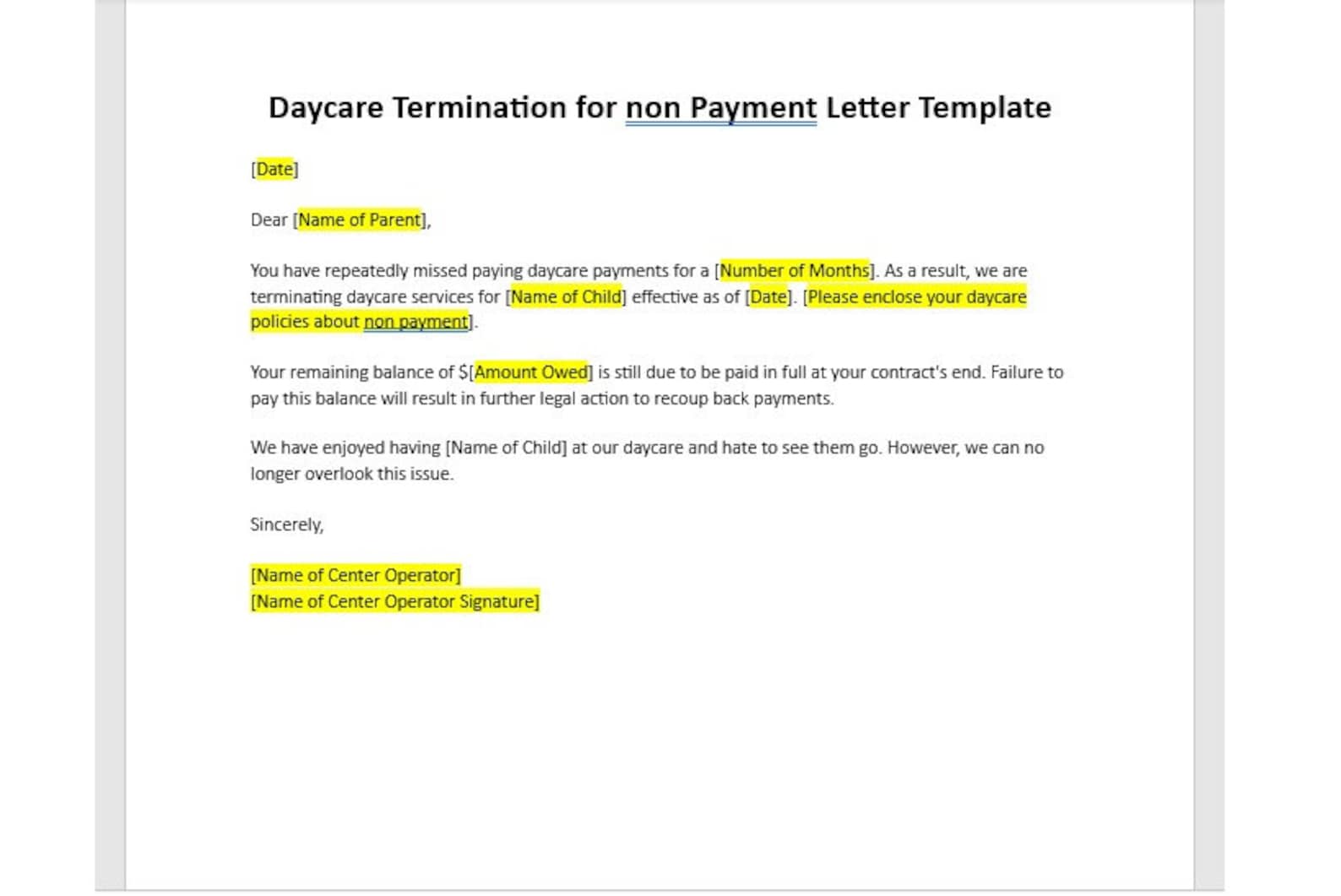 Daycare Termination for Non Payment Letter Template, Daycare ...