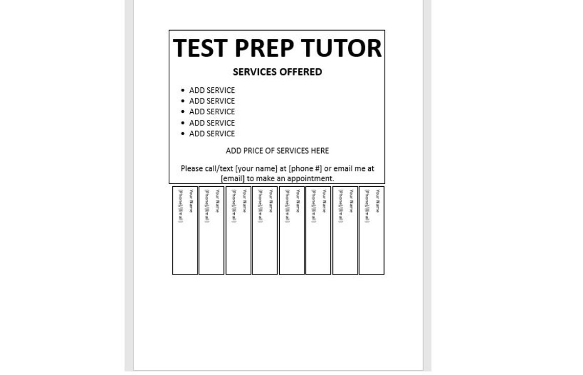 Editable Test Prep Tutor Tear-off Flyer, Tear-off Flyer Template, Tutor ...