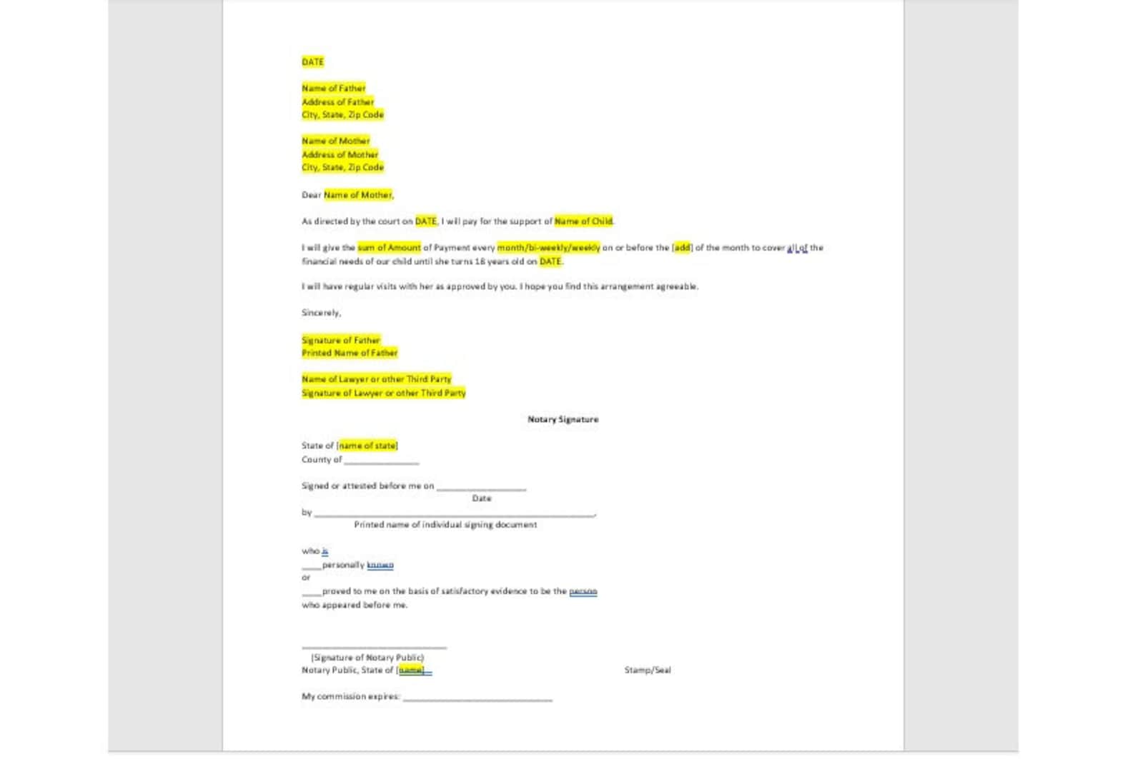 Child Support Agreement Letter, Child Support Agreement Letter Template ...