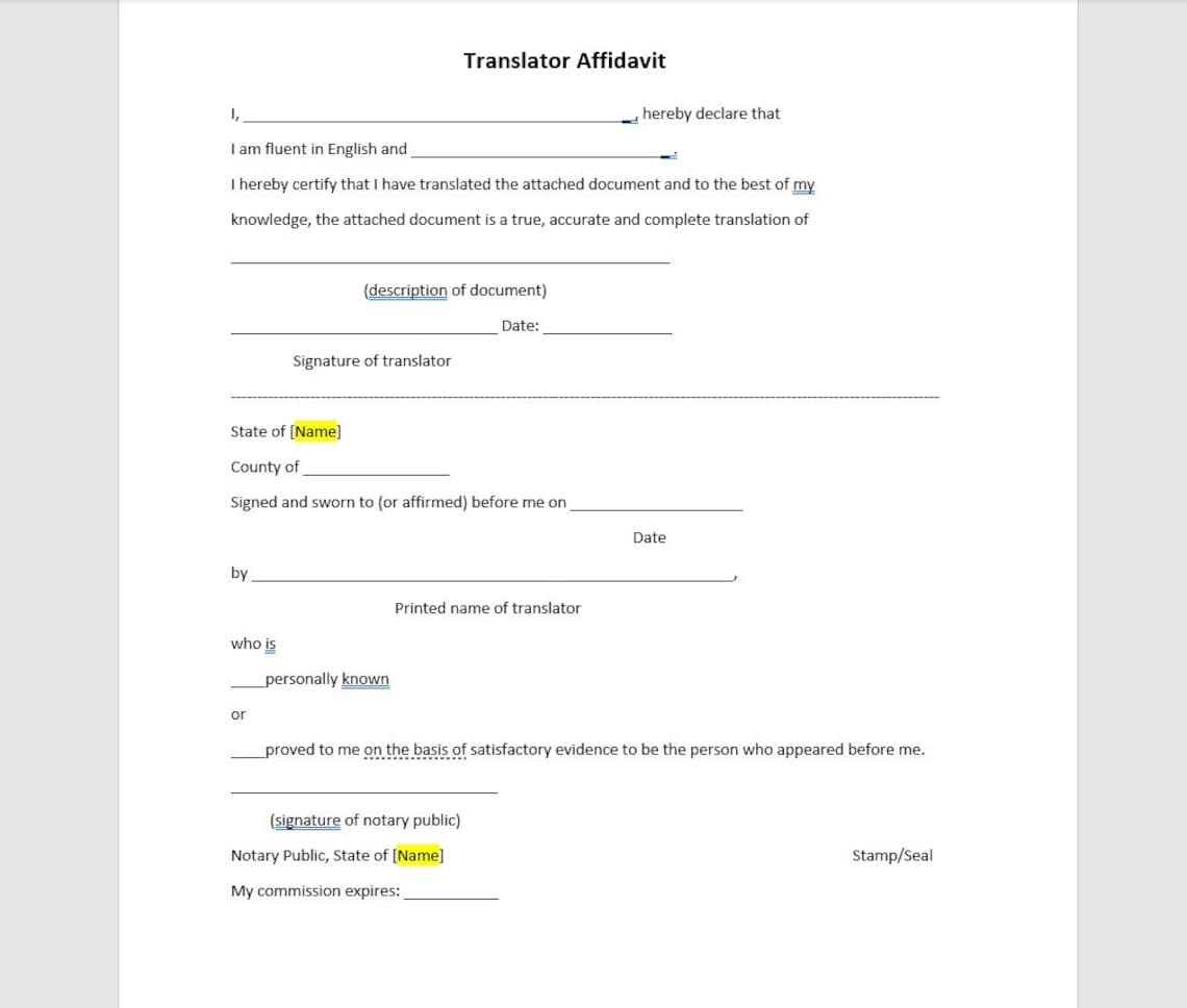Translator Affidavit Notary Form, Translator Affidavit Form Template ...