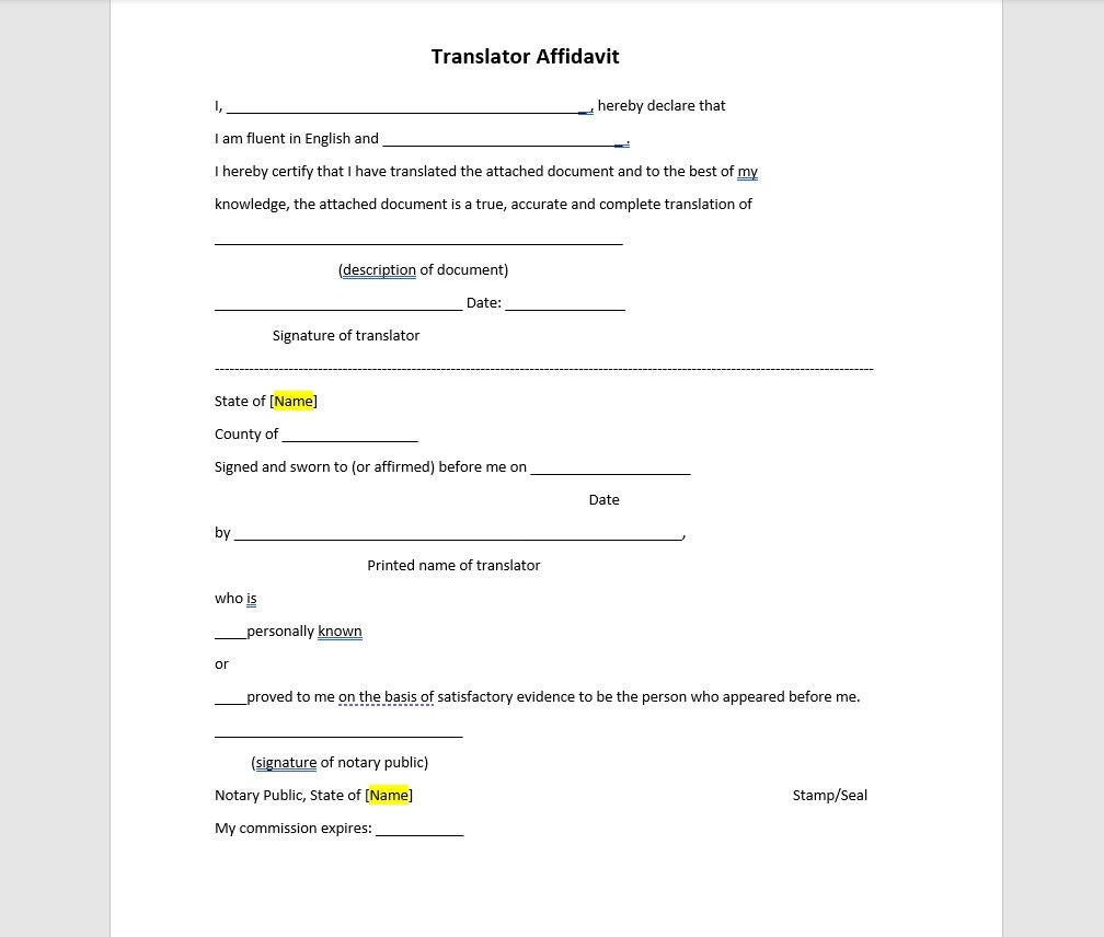Translator Affidavit Notary Form, Translator Affidavit Form Template, Translator Affidavit ...