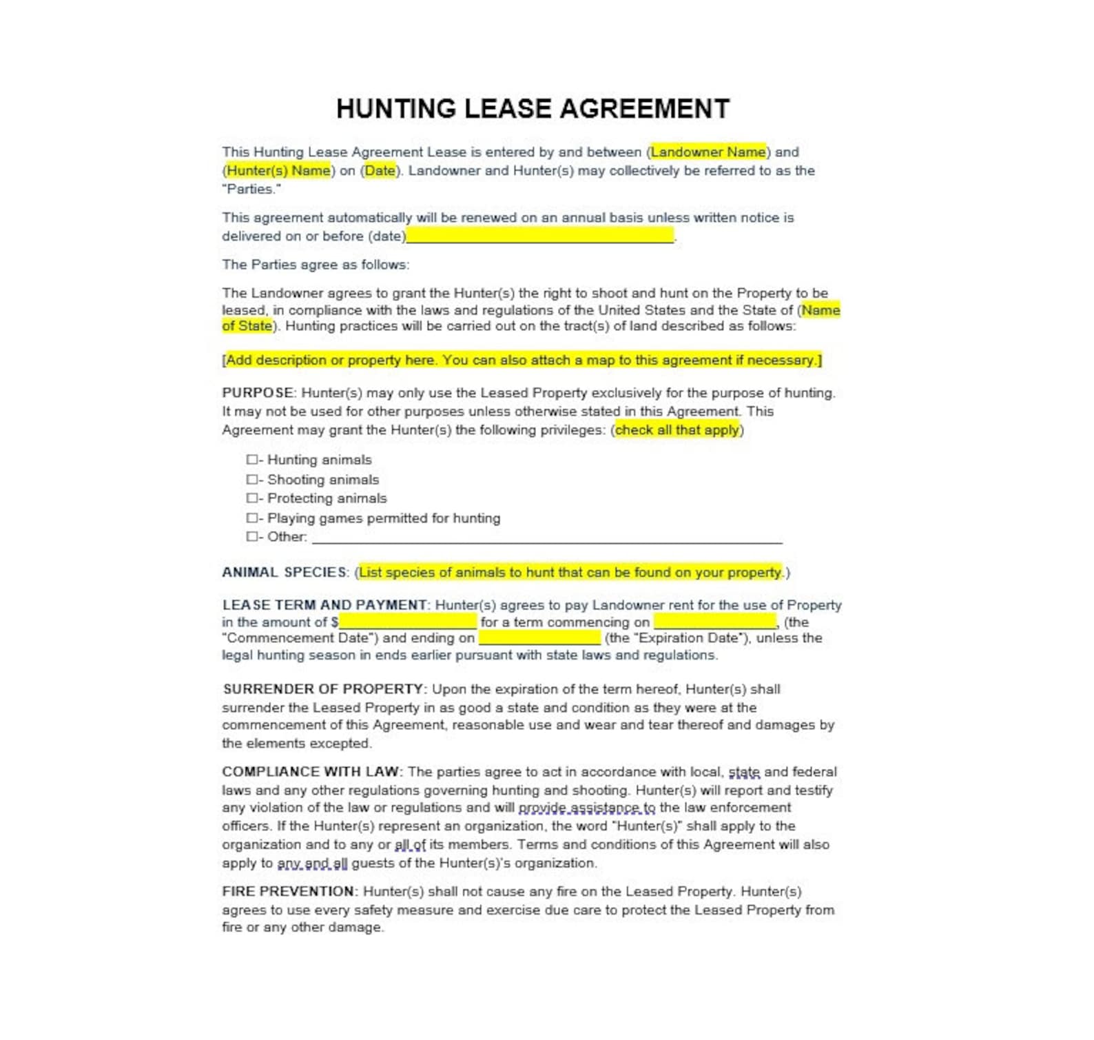 Hunting Lease Agreement, Hunting Lease Agreement Template, Hunting ...