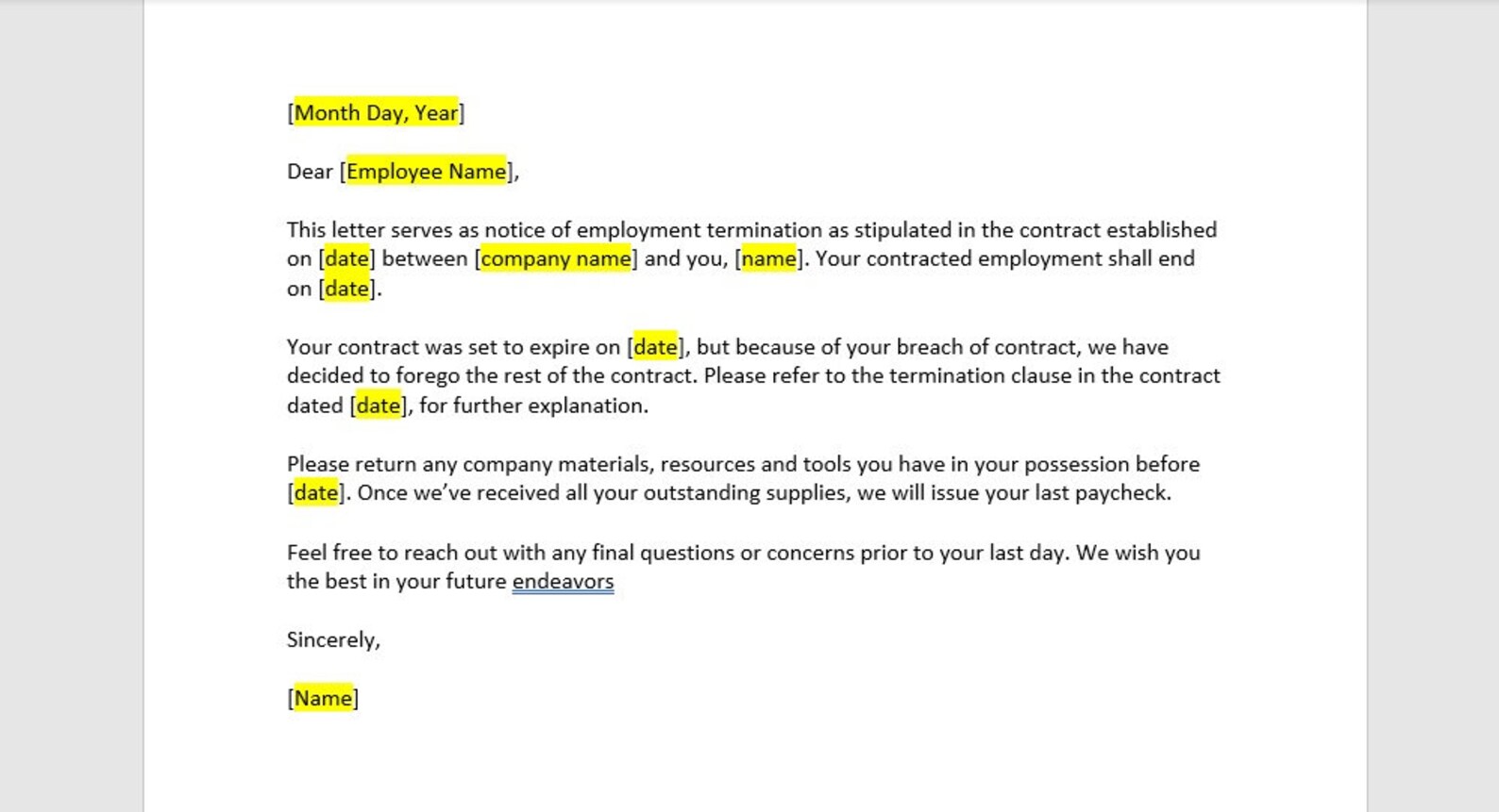 Contract Employee Termination Letter Template, Termination Letter ...