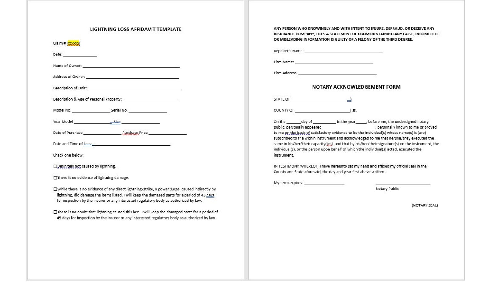 Lightning Loss Affidavit Form, Lightning Loss Affidavit Form Template ...
