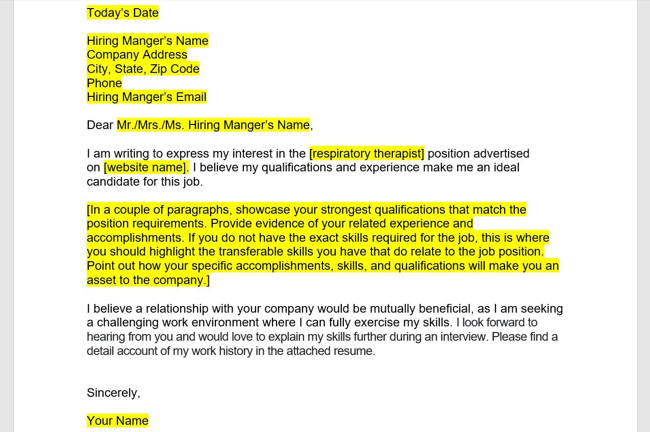 Respiratory Therapist Cover Letter, Cover Letter Template, Editable ...