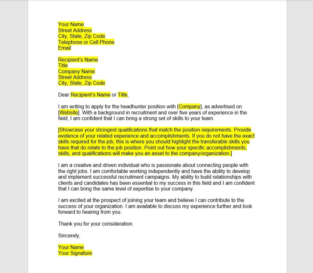 Headhunter Cover Letter, Cover Letter Template, Editable Cover Letter ...