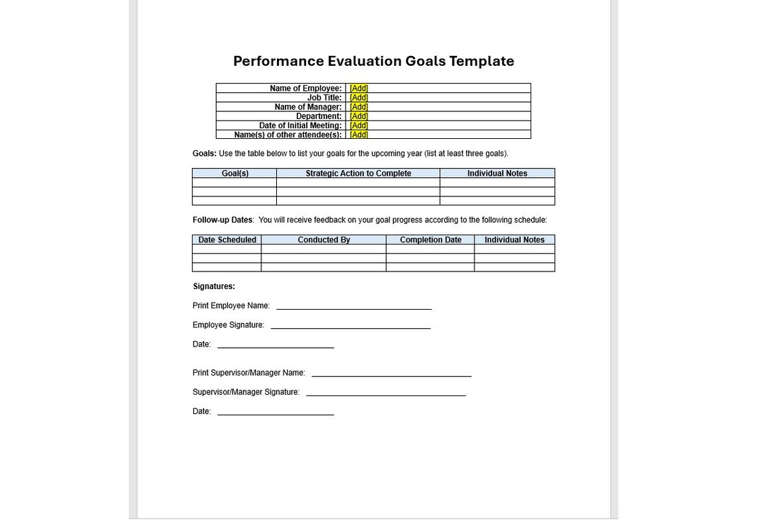 Editable Performance Evaluation Goals Template, Performance Evaluation ...