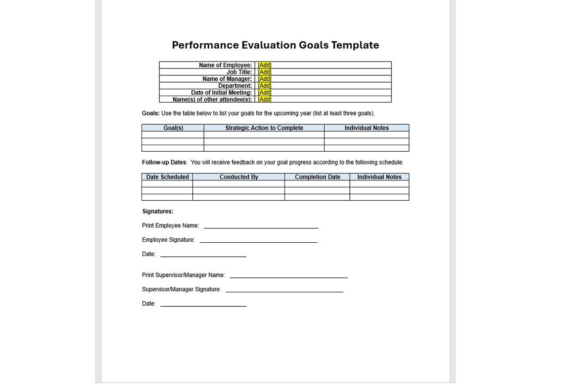 Editable Performance Evaluation Goals Template, Performance Evaluation ...