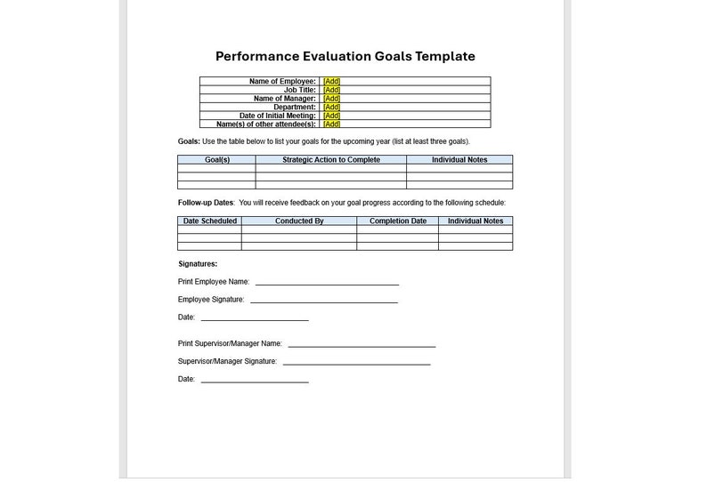 Editable Performance Evaluation Goals Template, Performance Evaluation ...
