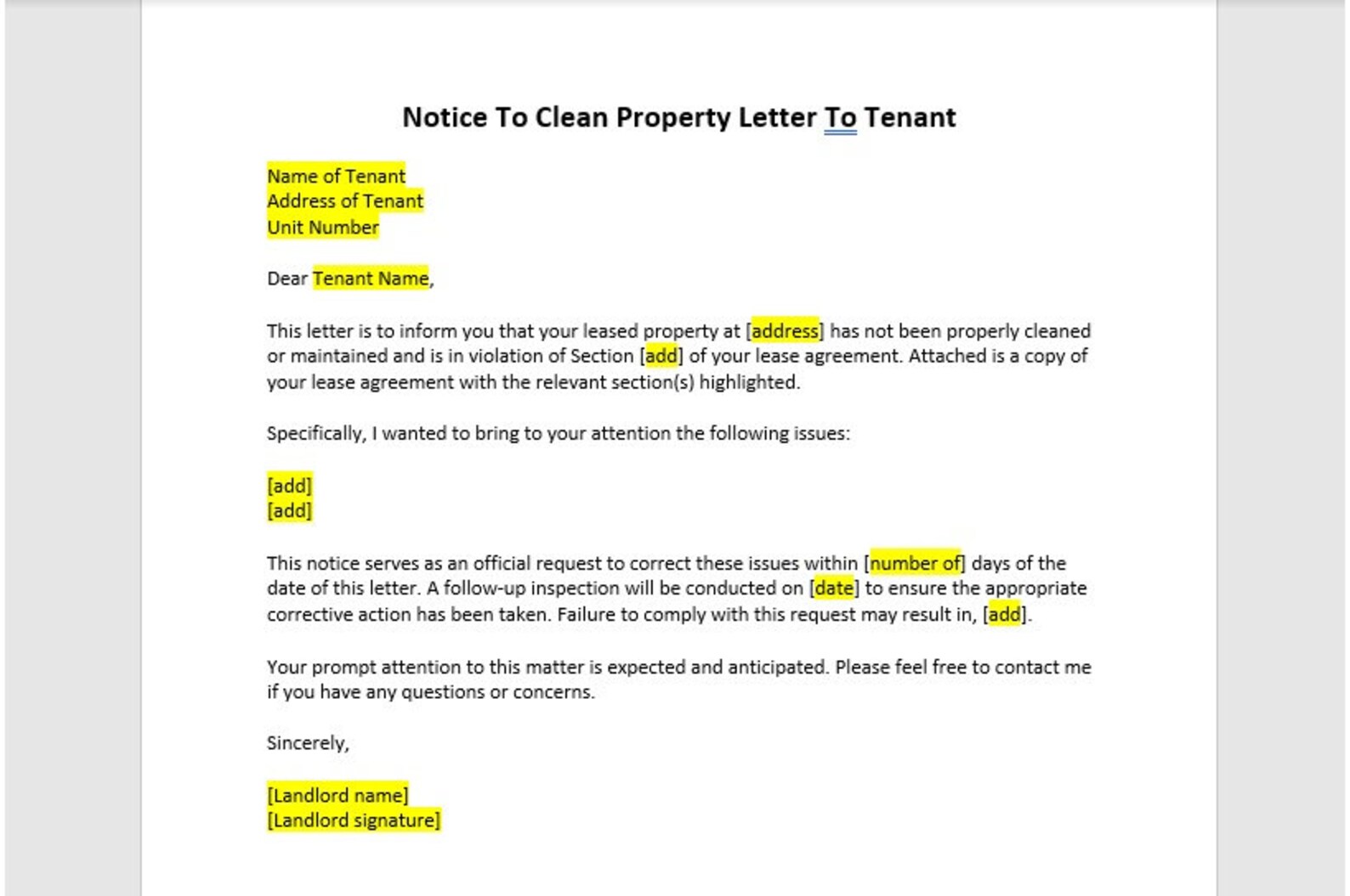 Landlord Notice to Clean Property, Landlord Notice to Clean Property ...