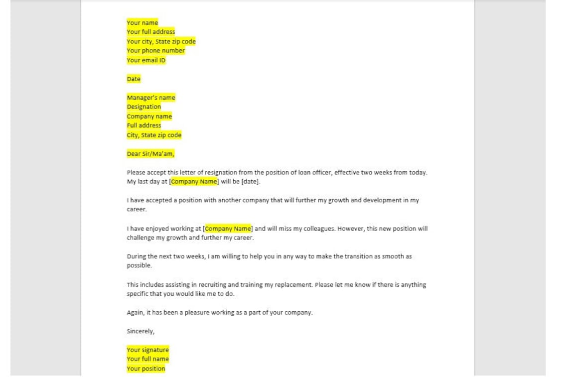 Loan Officer Resignation Letter Template, Resignation Letter ...