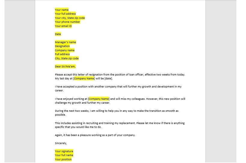 Loan Officer Resignation Letter Template, Resignation Letter ...