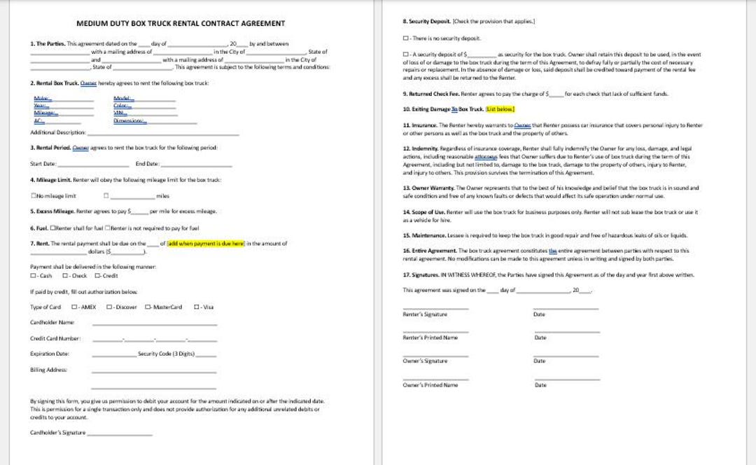 Medium Duty Box Truck Rental Contract Agreement, Box Truck Rental ...