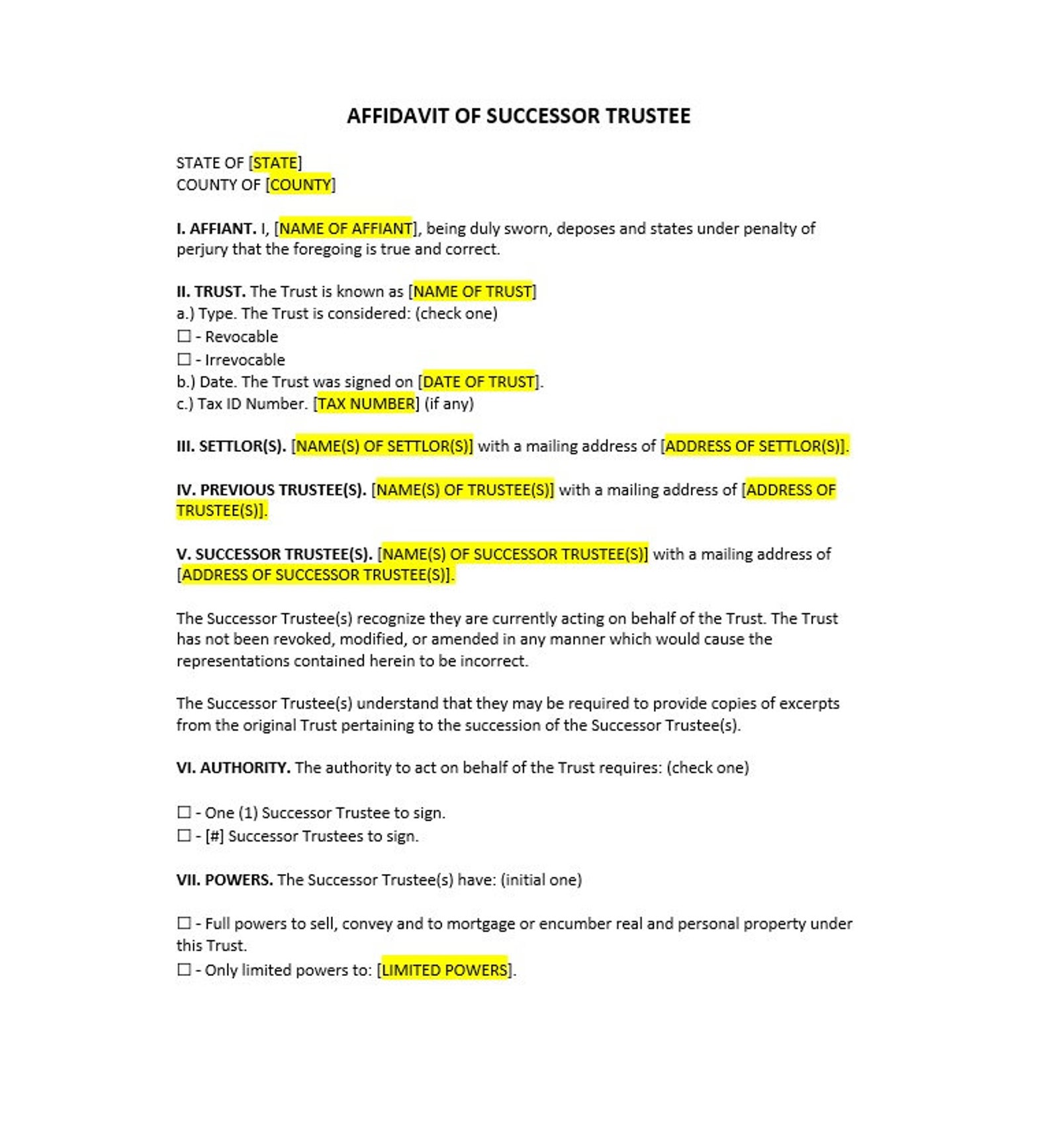 Affidavit of Successor Trustee Form, Affidavit of Successor Form ...