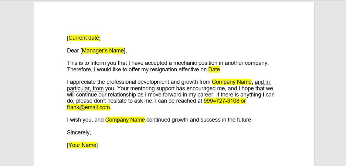 Mechanic Resignation Letter Template, Resignation Letter, Resignation ...