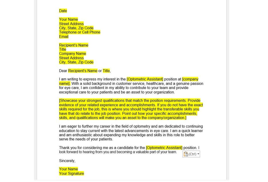 Optometric Assistant Cover Letter, Cover Letter Template, Editable ...