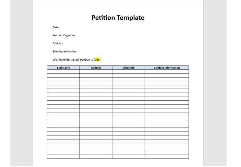 Editable Support Petition, Support Petition Template, Petition Template ...