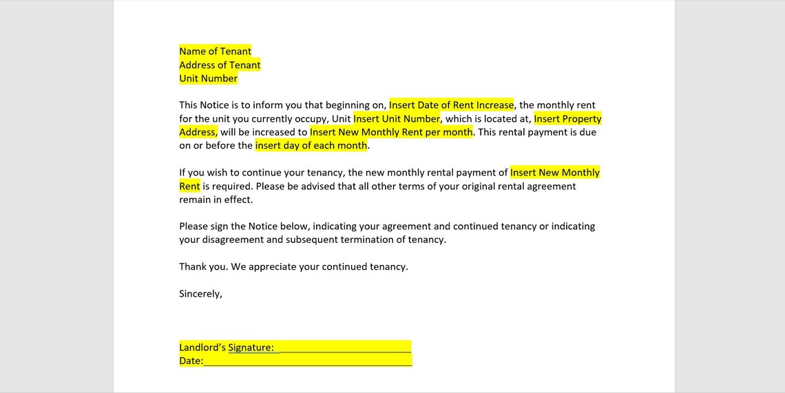 Landlord Rent Increase Letter for Month to Month Tennants, Rent ...