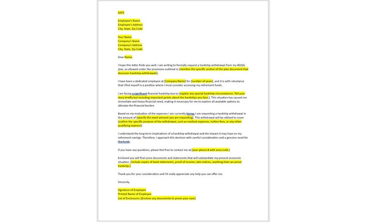 Hardship Letter for 401k Withdrawal, 401k Hardship Withdrawal Letter ...