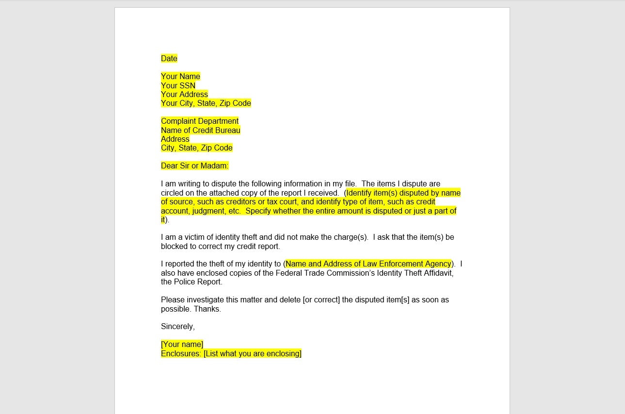 Credit Report Dispute Letter Template, Credit Report Dispute Letter ...