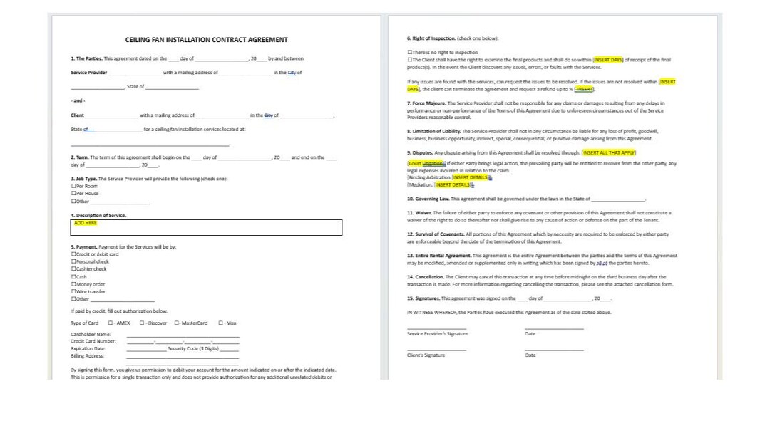 Editable Ceiling Fan Installation Contract, Ceiling Fan Installation Contract Template, Ceiling ...