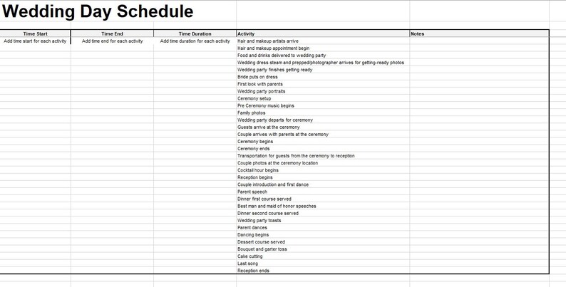 Wedding Day Schedule, Wedding Day Schedule Template, Wedding Day ...