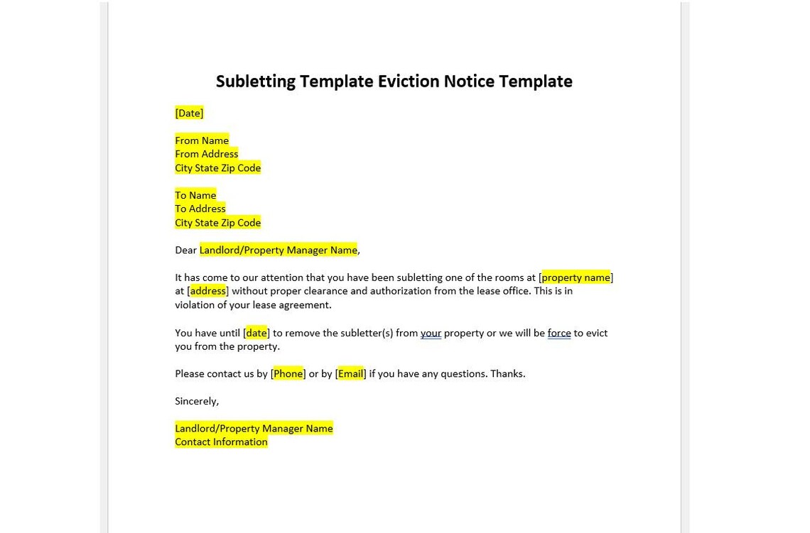 Subletting Tenant Eviction Notice Letter Template, Eviction Notice ...