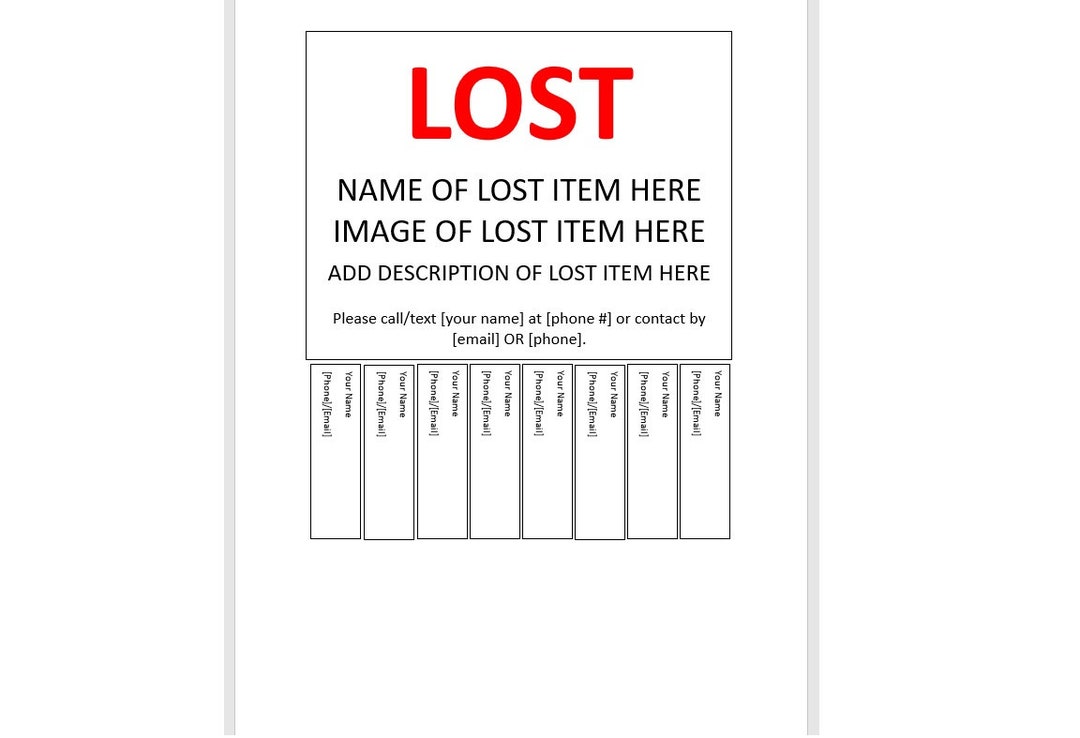 Editable Lost Item Tear-off Flyer, Tear-off Flyer Template, Lost Item ...