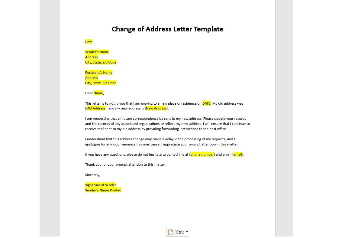 Editable Change of Address Letter Template, Change of Address Letter ...