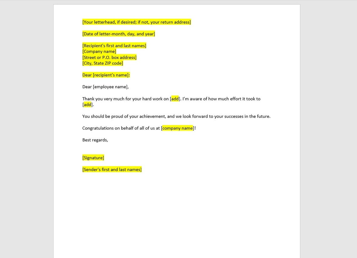 Employee Appreciation Letter for Performance Achievement, Employee ...