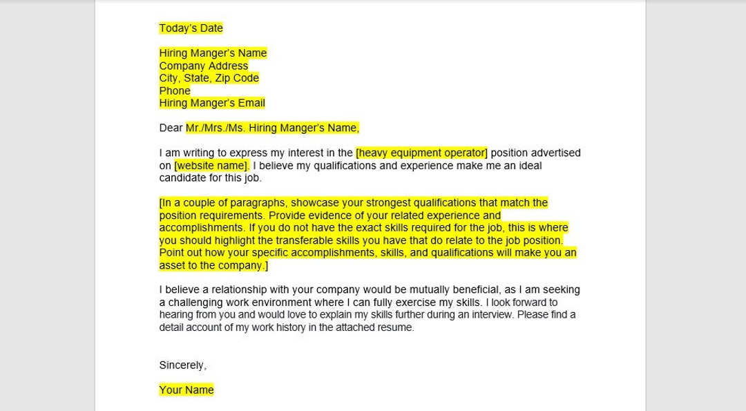 Heavy Equipment Operator Cover Letter Cover Letter Template - Etsy Heavy Equipment Operator Cover Letter Cover Letter Template - Etsy