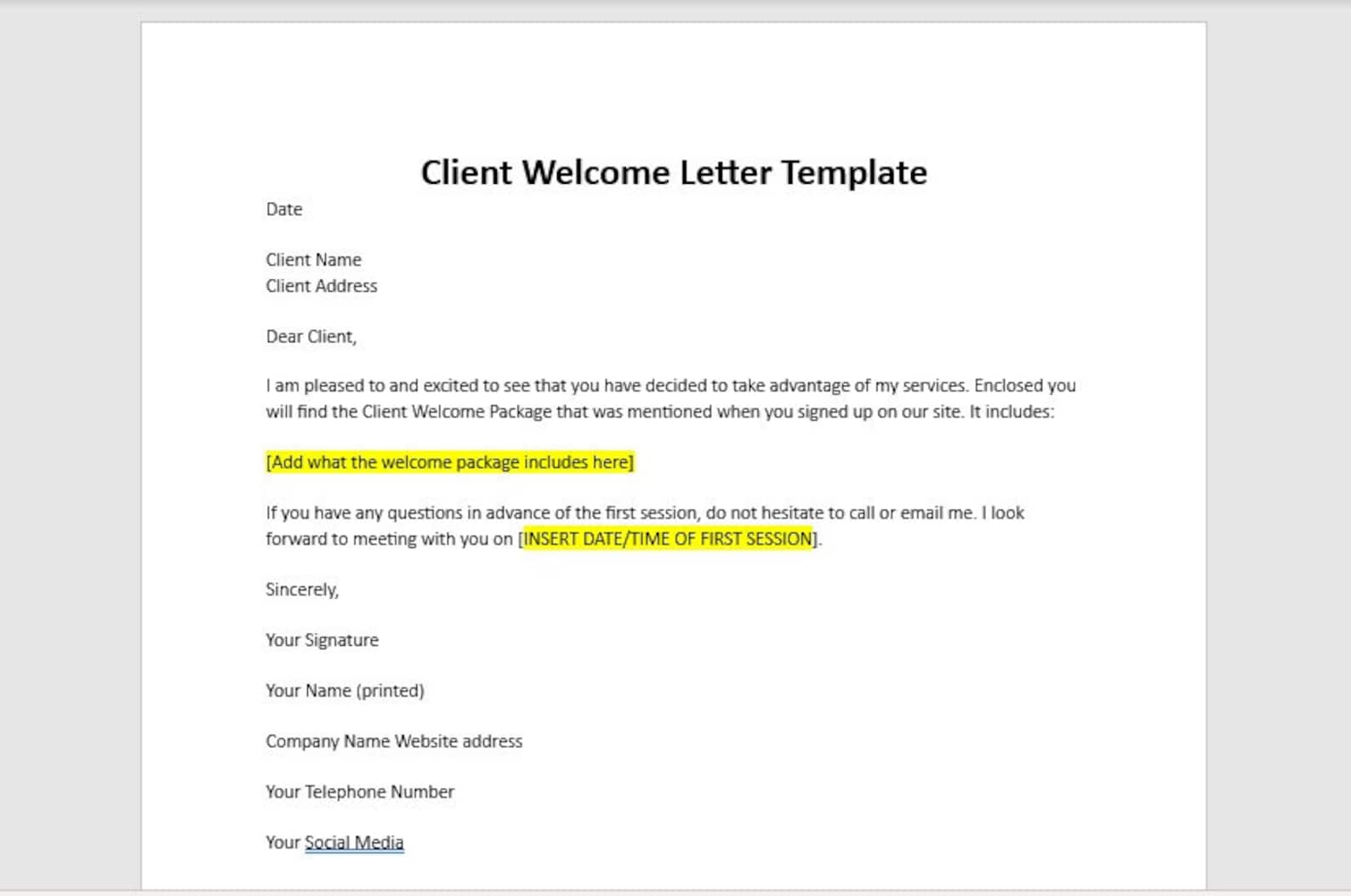 Coaching Welcome Letter, Coaching Welcome Letter Template, New Client ...