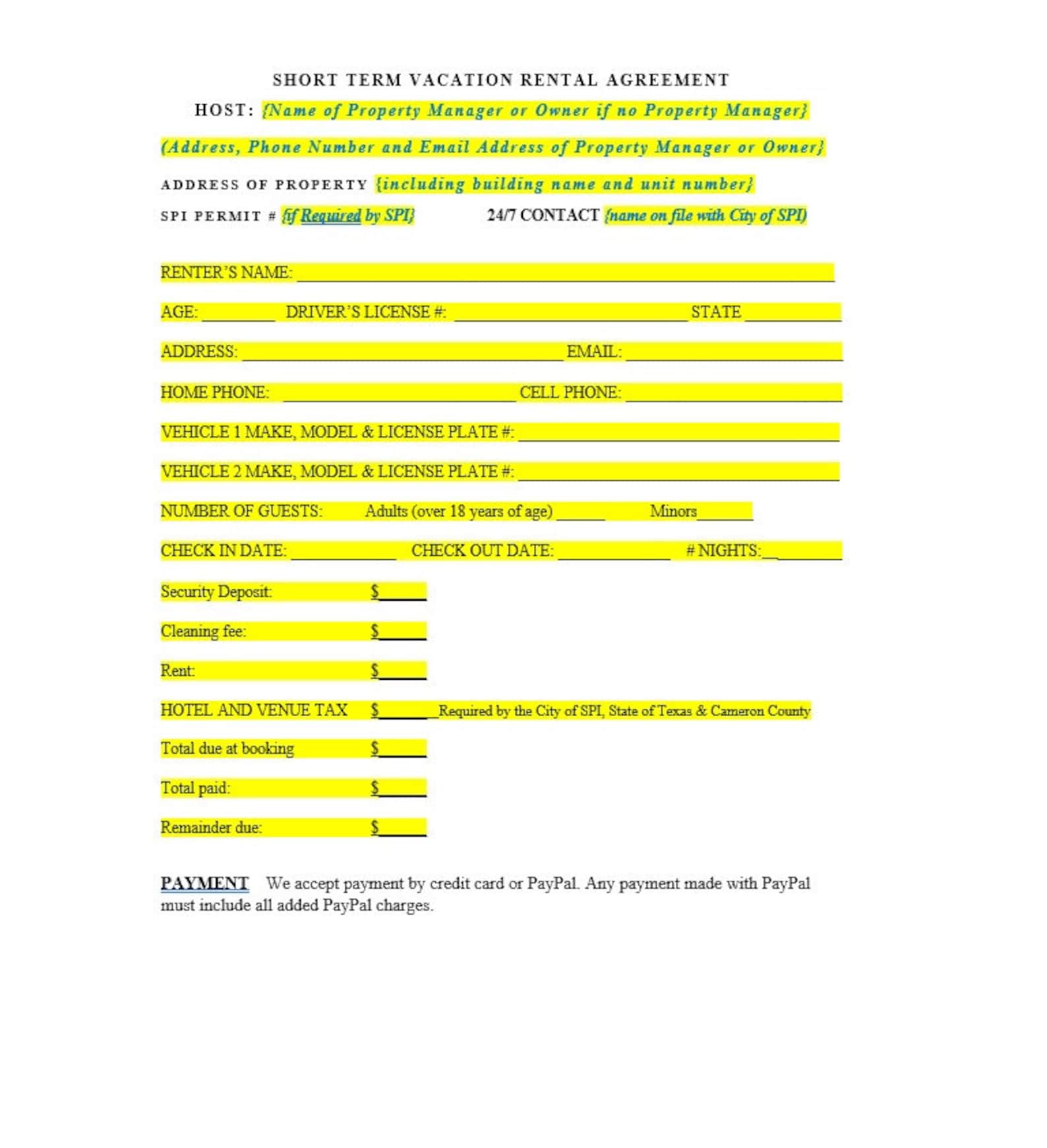 Short Term Rental Agreement Template, Vacation Rental Agreement, Word ...