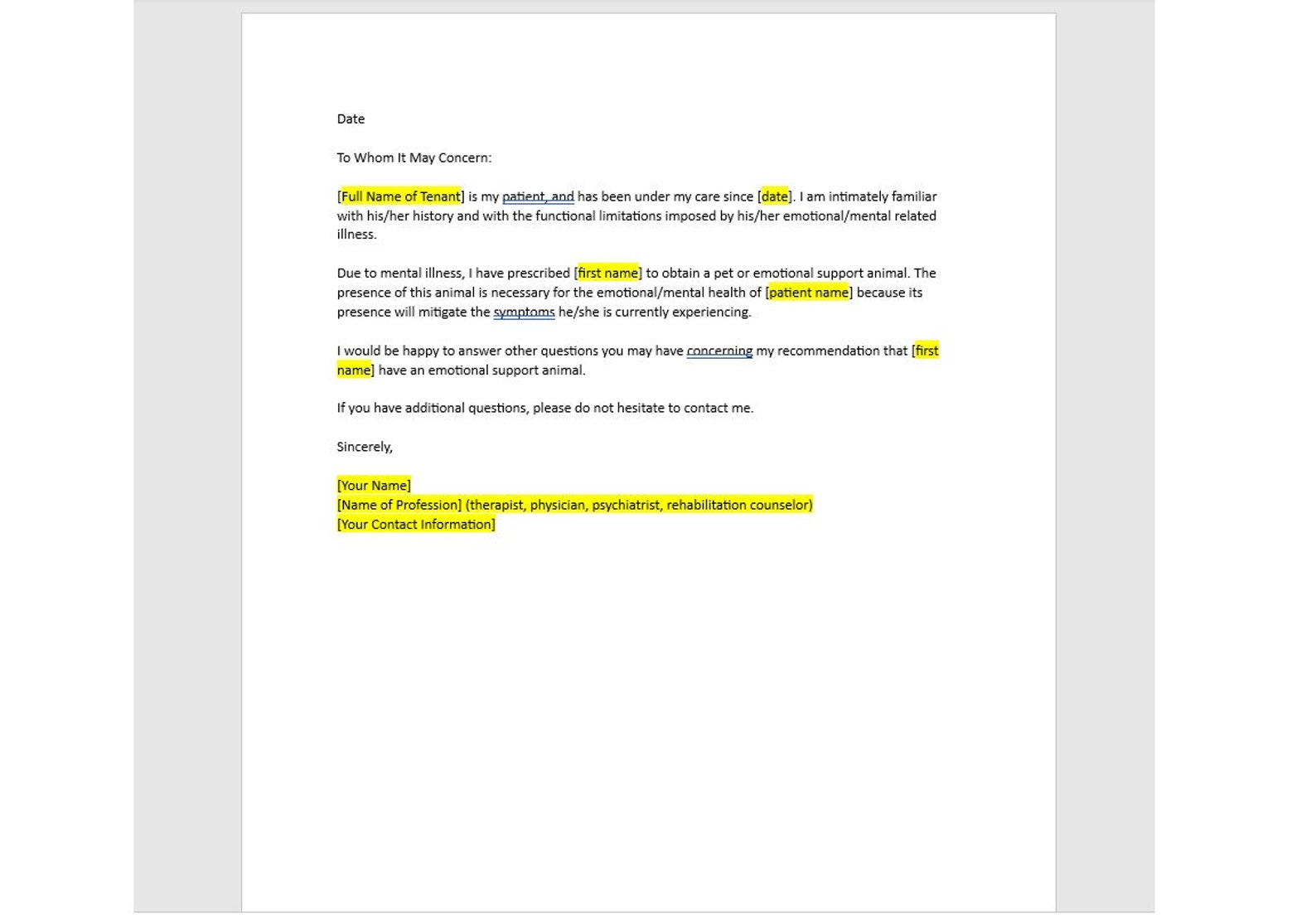 Editable Sample Letter for Companion Animal, Emotional Support Animal ...