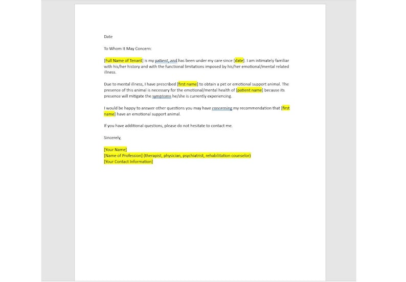 Editable Sample Letter for Companion Animal, Emotional Support Animal ...