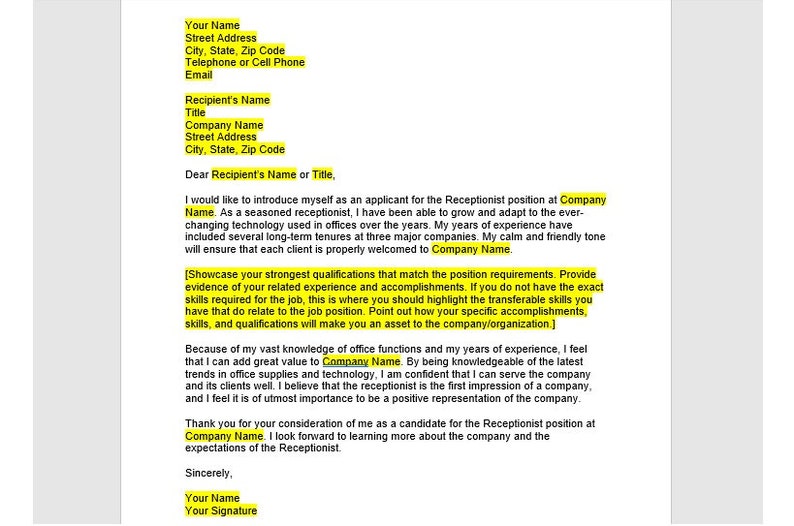 Receptionist Cover Letter, Cover Letter Template, Editable Cover Letter ...