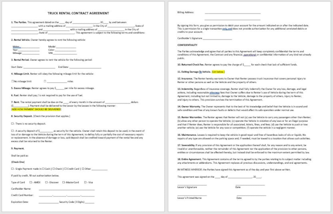 Truck Rental Contract Agreement, Truck Rental Contract Template, Truck ...