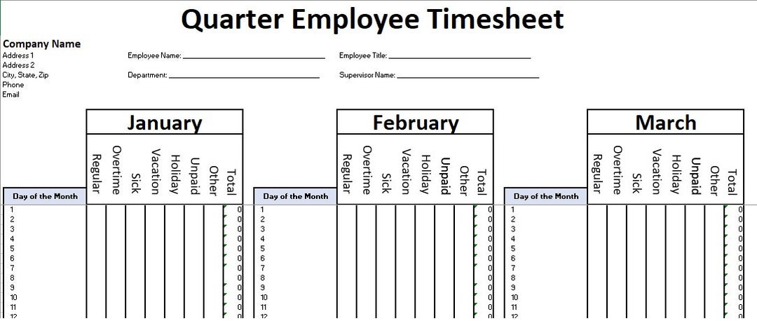Editable Quarter Employee Timesheet, Quarter Employee Timesheet ...