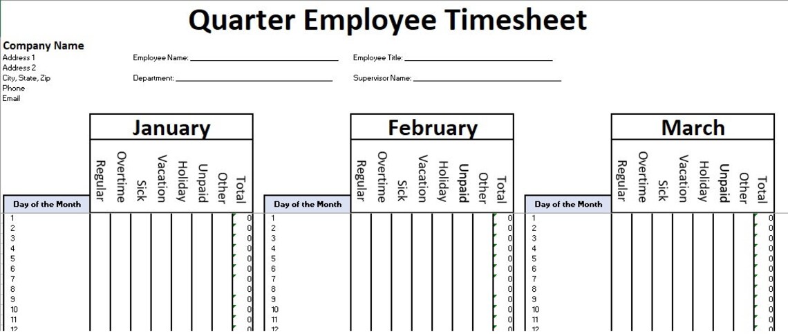 Editable Quarter Employee Timesheet, Quarter Employee Timesheet ...
