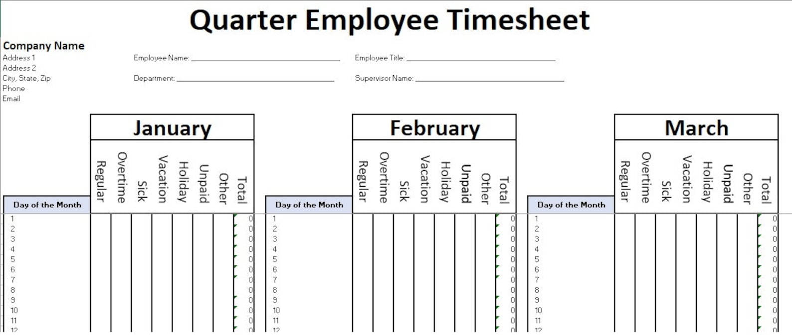 Editable Quarter Employee Timesheet, Quarter Employee Timesheet ...