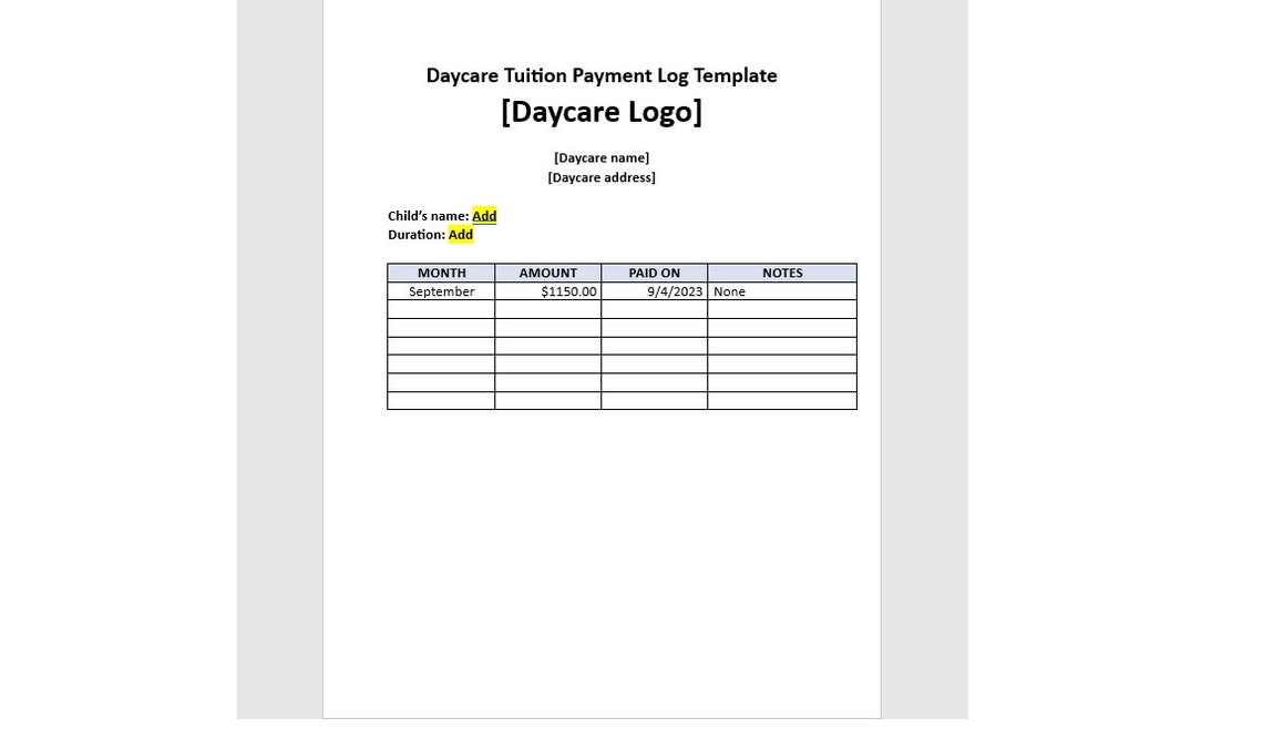 Editable Daycare Tuition Payment Log Template, Payment Log Template ...