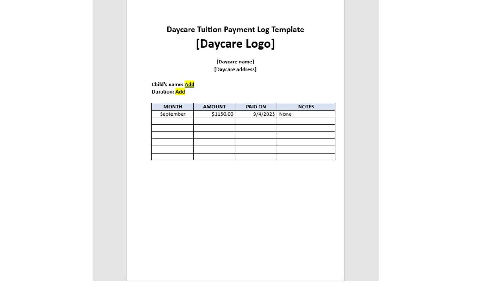 Editable Daycare Tuition Payment Log Template, Payment Log Template ...