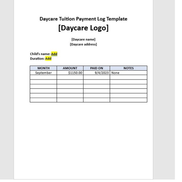 Daycare Payments Log - Etsy