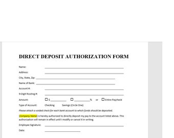 Direct Deposit Authorization Form - Etsy