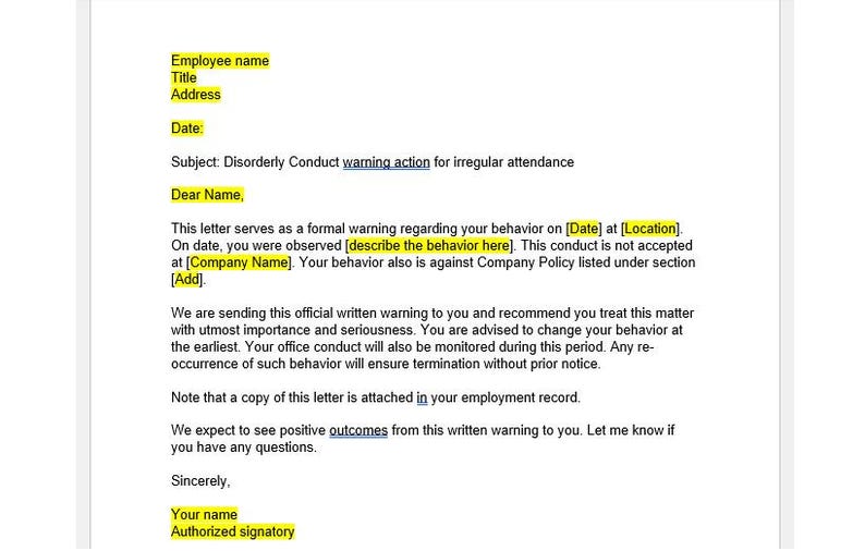 Disorderly Conduct Warning Letter, Employee Warning Letter Template ...