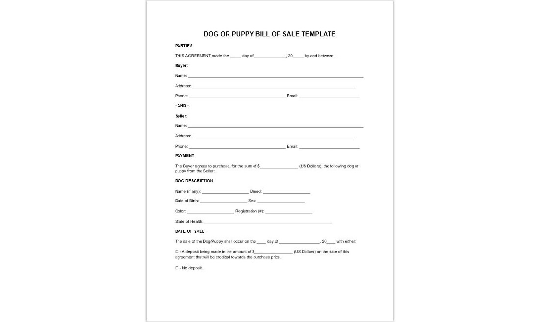 Editable Dog or Puppy Bill of Sale Template, Editable Bill of Sale ...
