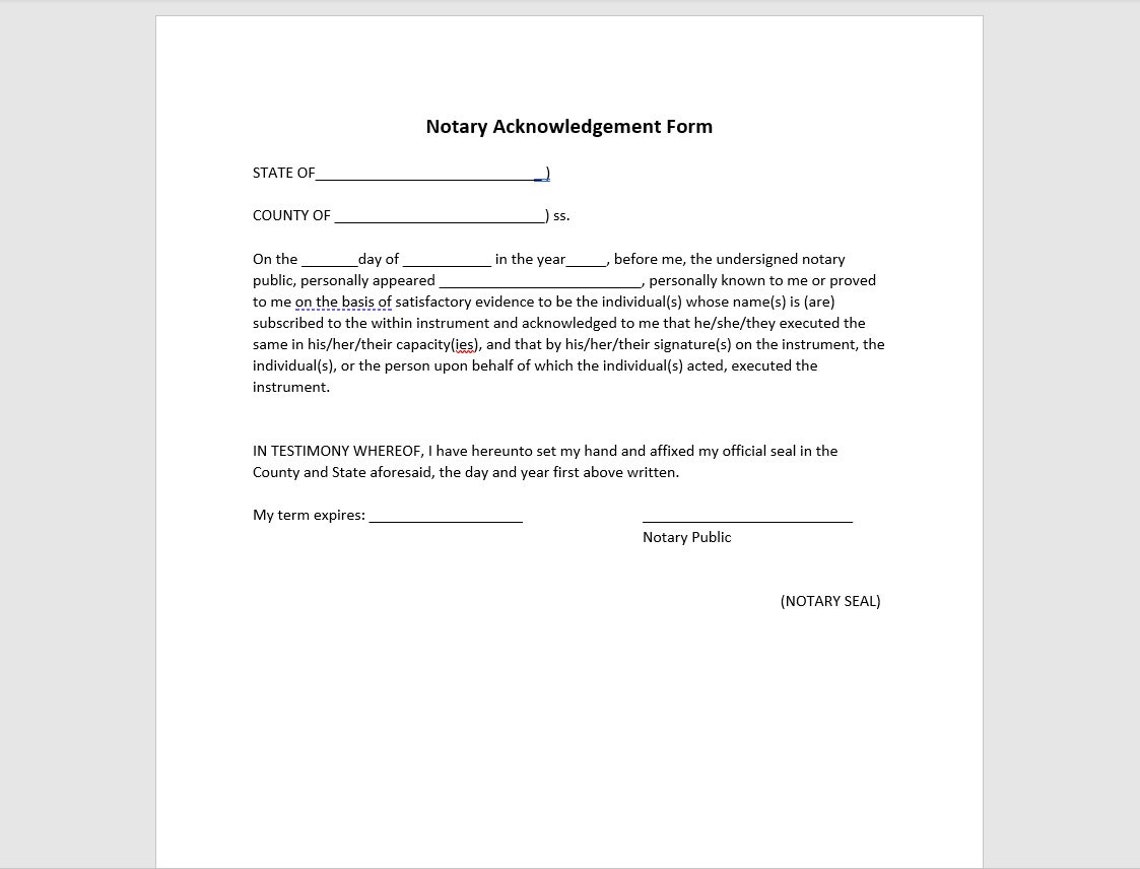 Notary Acknowledgement Form, Notary Acknowledgement Form Template ...