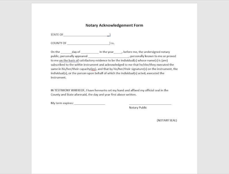 Notary Acknowledgement Form, Notary Acknowledgement Form Template ...